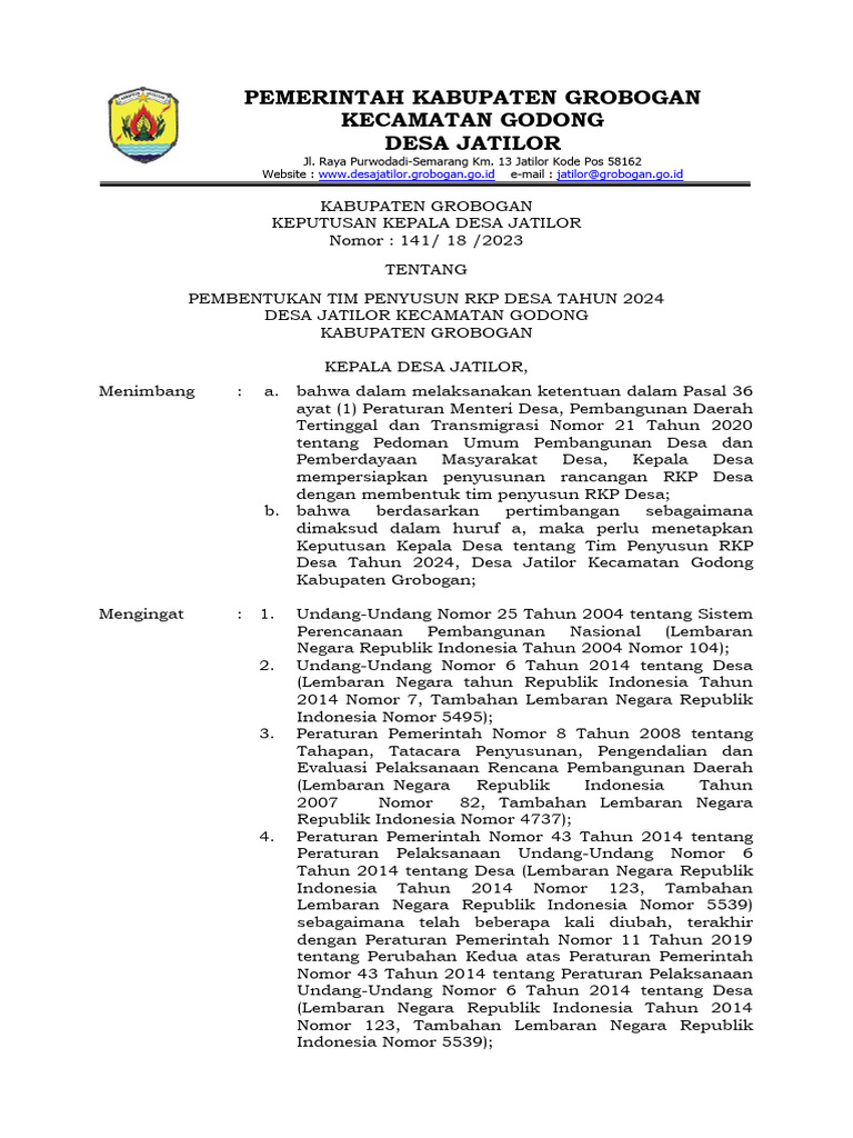 SK Tim Penyusun RKP Desa 2024 | PDF
