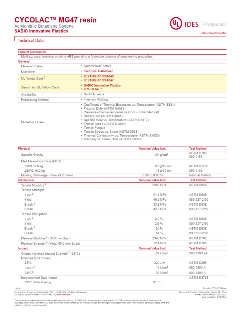 SABIC Cycolac MG47 | PDF | Yield (Engineering) | Ultimate Tensile Strength