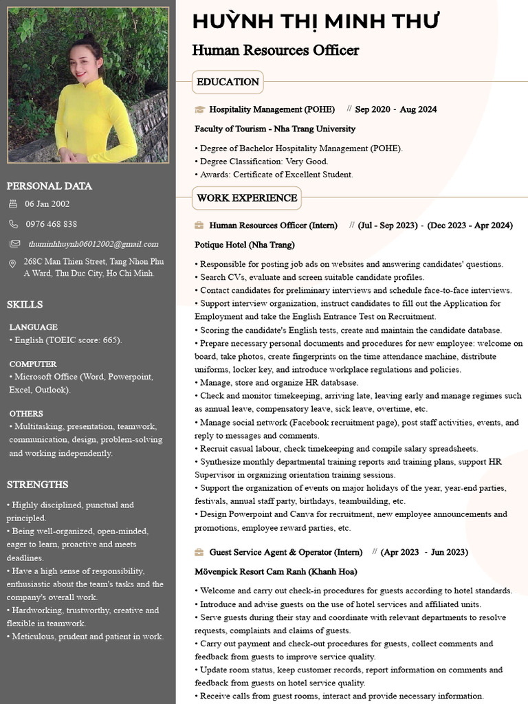 Cv-huynh Thi Minh Thu-hr Officer (English) | PDF | Recruitment | Hotel