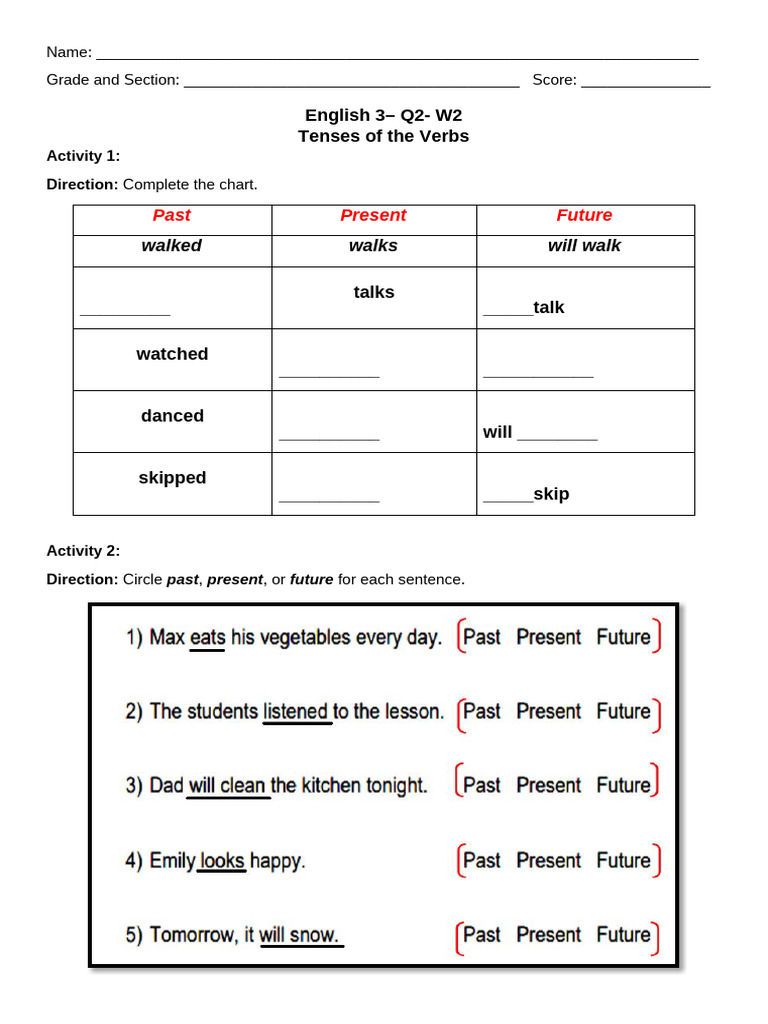Verb Tenses Worksheet for English 3 | PDF