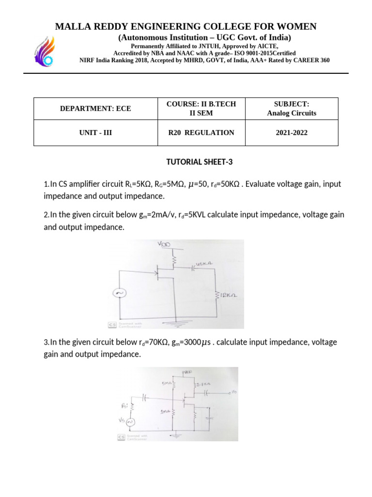 Analog Circuits Tutorial Sheet | PDF
