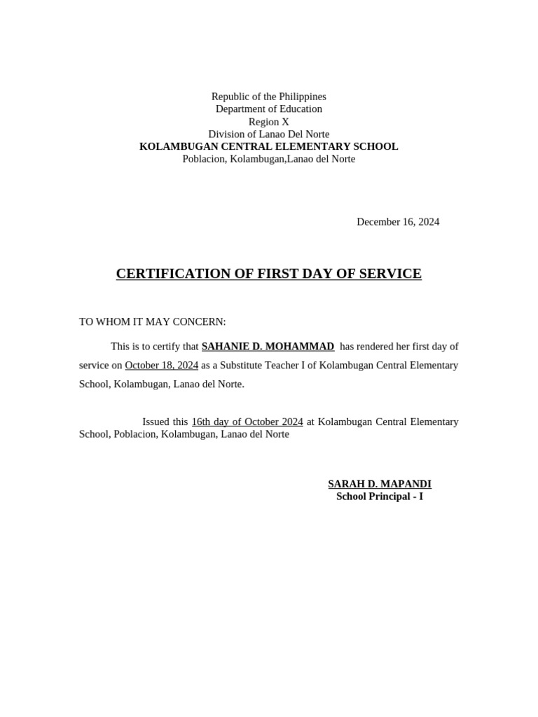 First Day of Service KCES | PDF