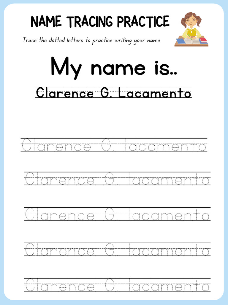 Blue Minimalist Name Tracing Practice Worksheet | PDF