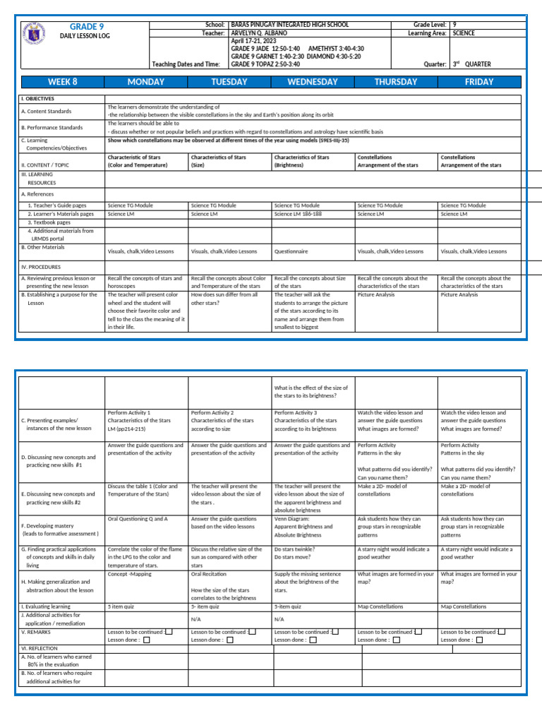 Science 9 DLL Second Quarter | PDF | Science | Learning