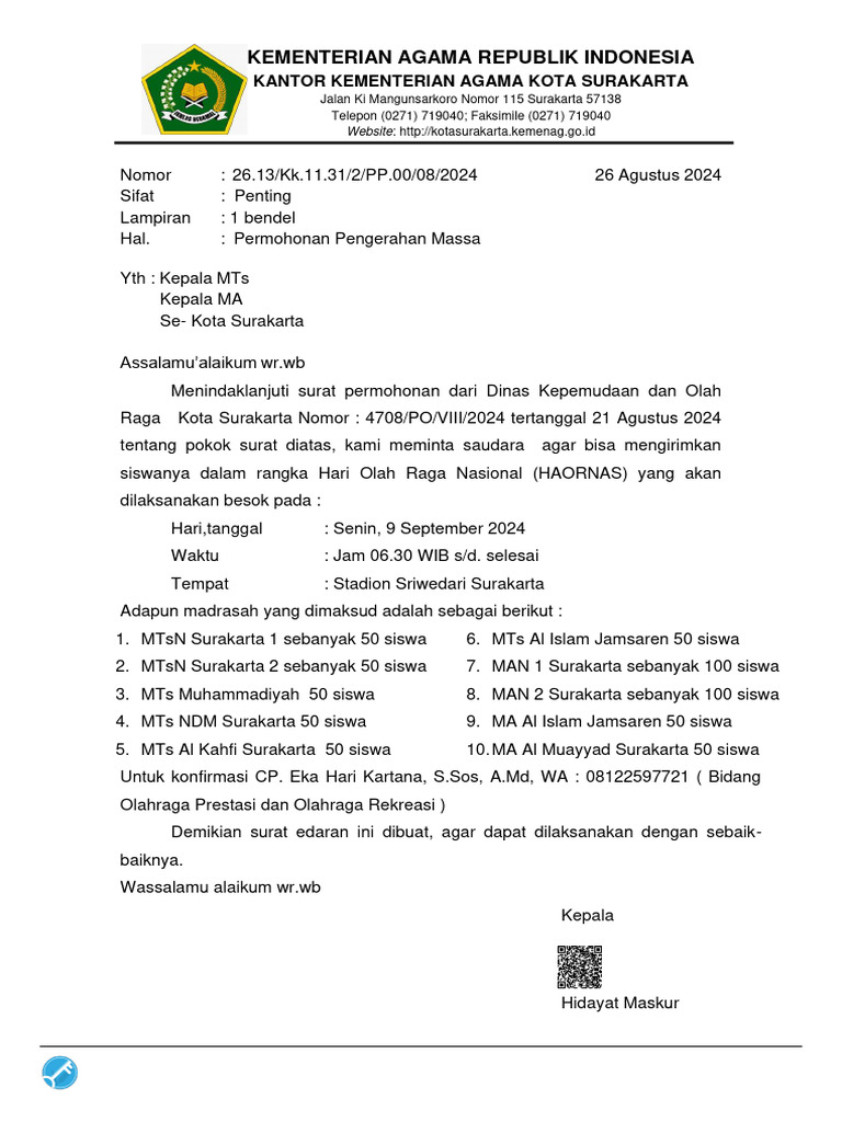 Permohonan Pengerahan Siswa HAORNAS 2024 | PDF
