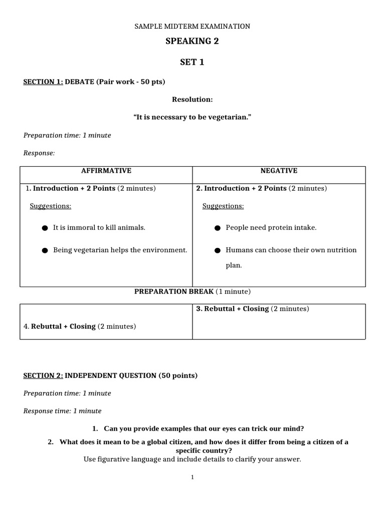 Midterm Exam: Speaking Debates & Questions | PDF