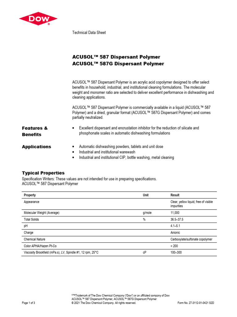 27 3112 01 Acusol 587 and Acusol 587g Dispersant Polymer | PDF | Salt ...