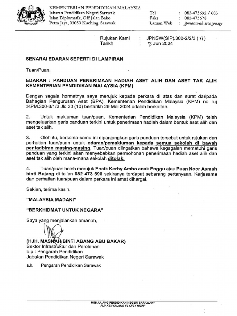 Surat JPNS Kepada Semua PPD - Edaran Terkini Penerimaan Hadiah (29 Mei 2024) | PDF