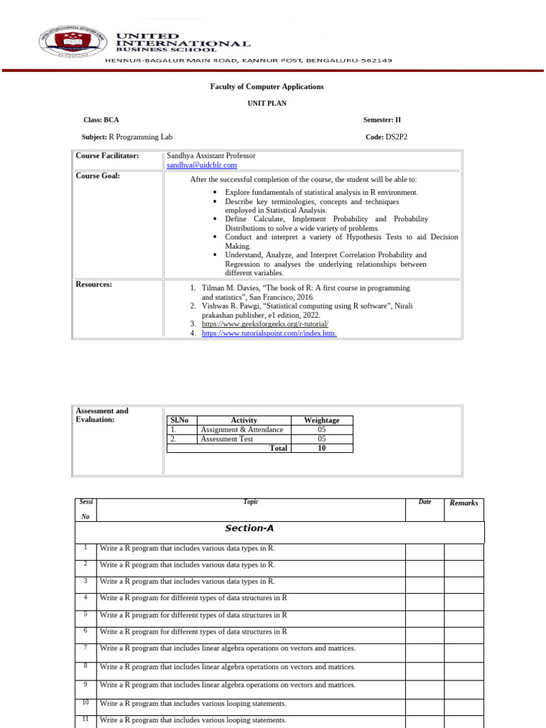 R PROGRAMMING - Lab LESSON PLAN | PDF | Statistics | Matrix (Mathematics)
