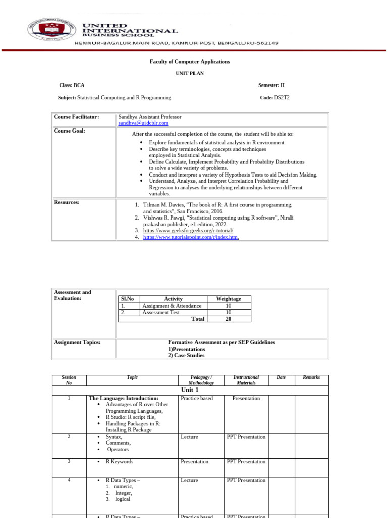 R PROGRAMMING LESSON PLAN | PDF | Control Flow | Statistics R PROGRAMMING LESSON PLAN | PDF | Control Flow | Statistics