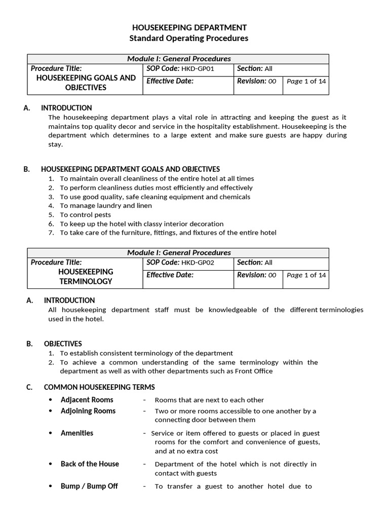 Housekeeping Goals and Objectives | PDF | Housekeeping | Inventory