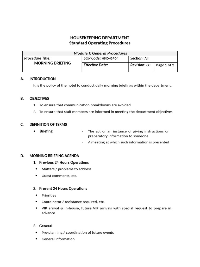 Housekeeping Morning Briefing SOP | PDF