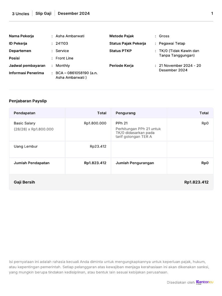 Payslip Salary Dec 2024. Asha Ambarwati - 241103 Id | PDF