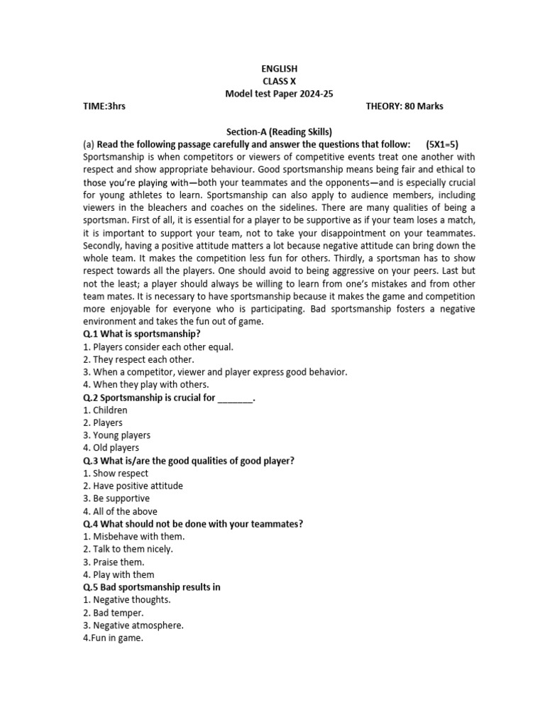 Class X English Model Test Paper 2024-25 | PDF | Linguistics