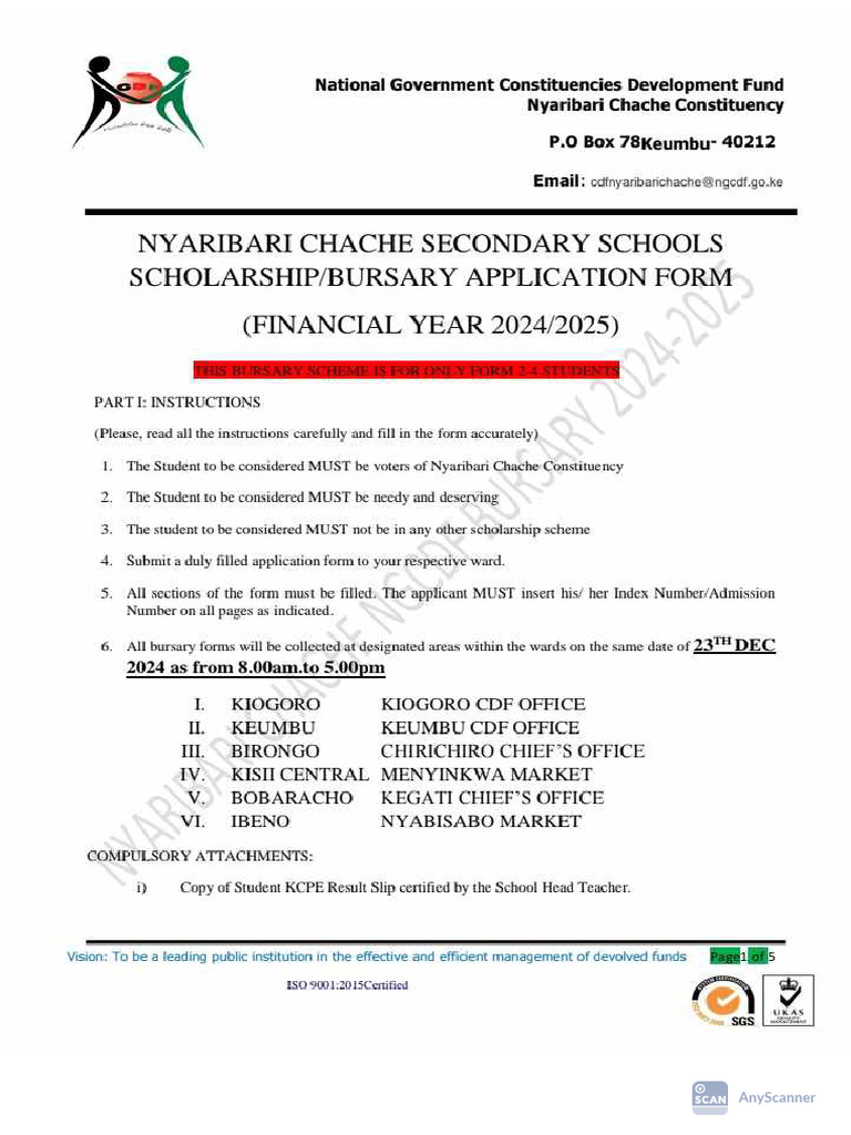 NYARIBARI CHACHE SECONDARY SCHOOL BURSARY FORM FY 2024-2025-Final 035905 | PDF