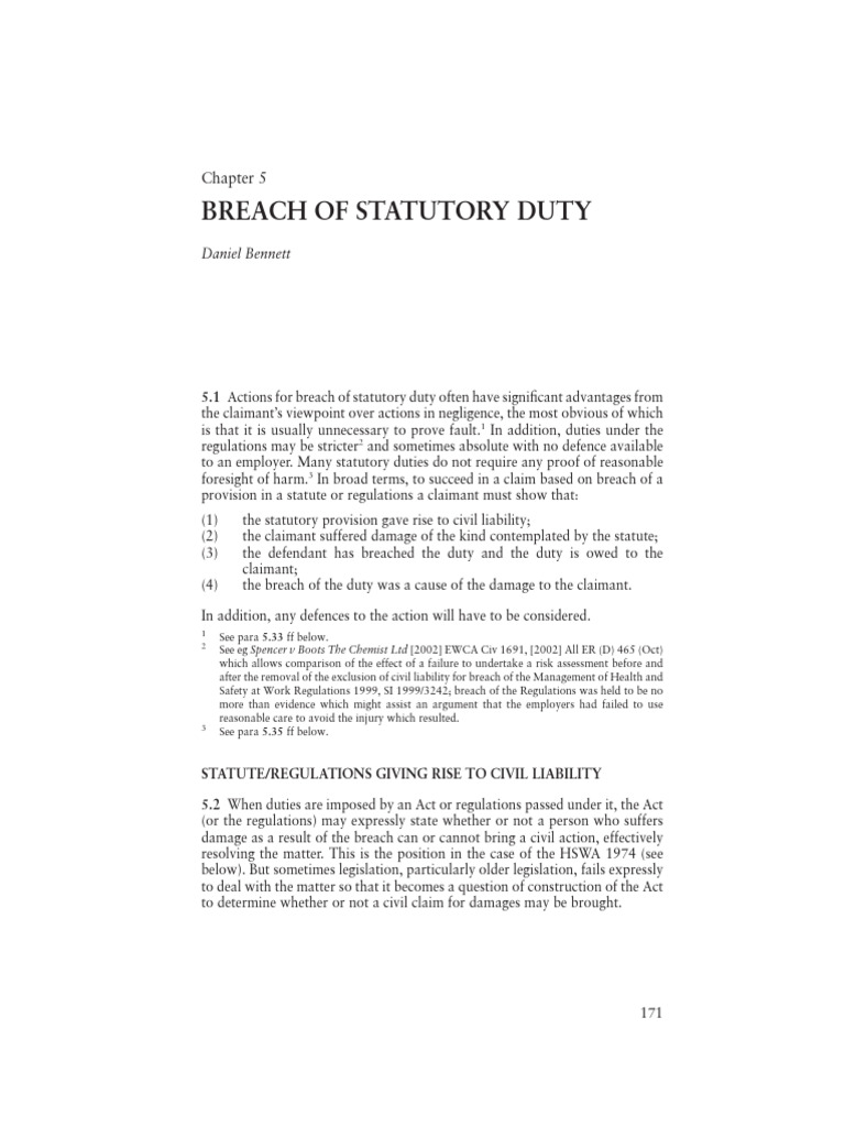 Chapter 5 Breach of Statutory Duty | PDF | Negligence | Tort