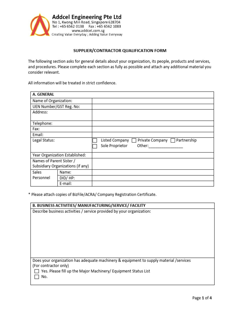 Supplier - Contractor Qualification Form | PDF | Business