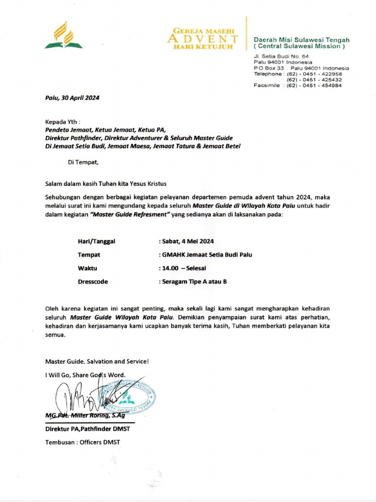 Surat Jemaat Pertemuan Master Guide Wilayah Kota | PDF