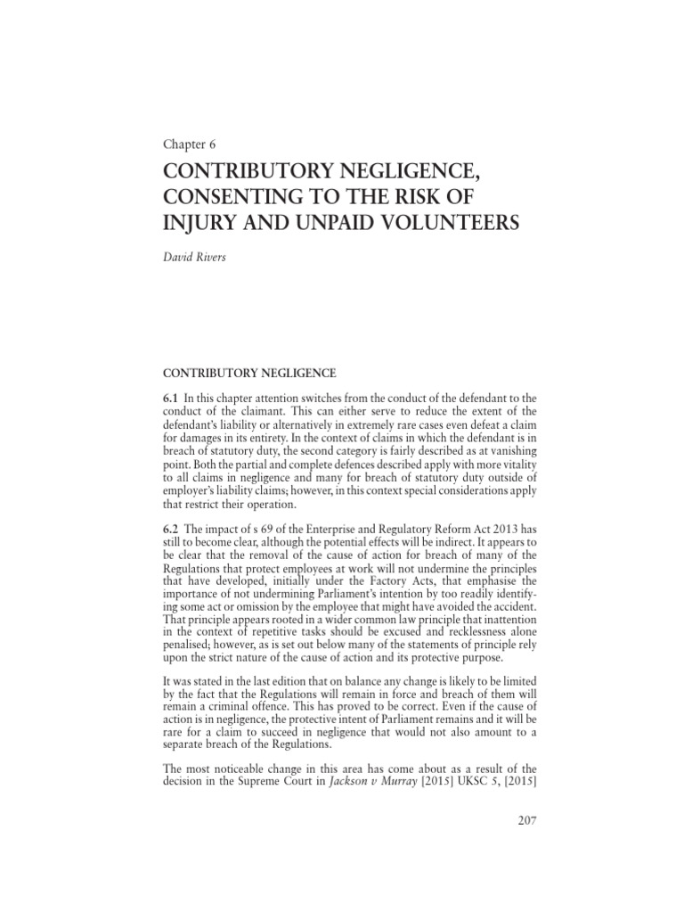 Chapter 6 Contributory Negligence, Consenting To The Risk of Injury and ...