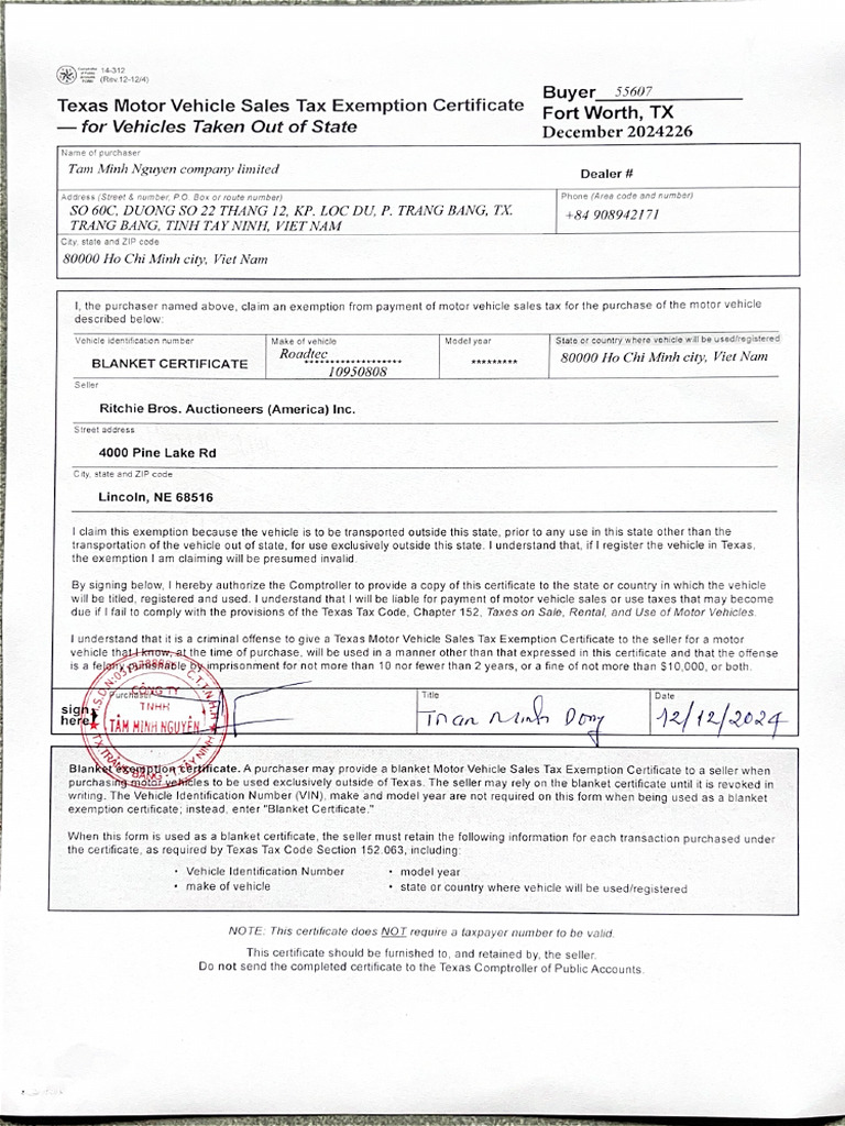 Texas Motor Vehicle Sales Tax Exemption Certificate | PDF