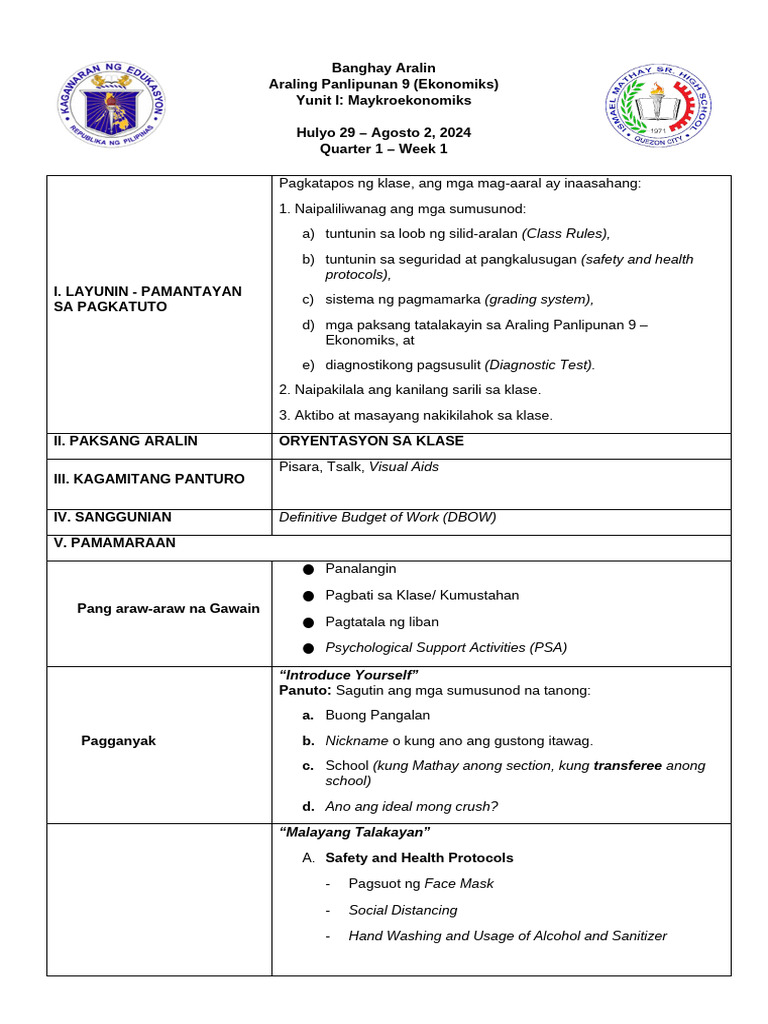 DLP QTR-1 Week-1 Oryentasyon-sa-Klase LOPEZ | PDF