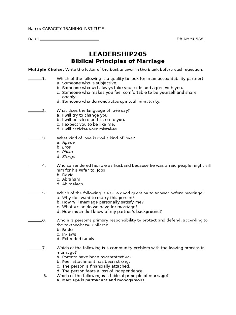 Biblical Marriage Principles Quiz | PDF | Marriage | Husband