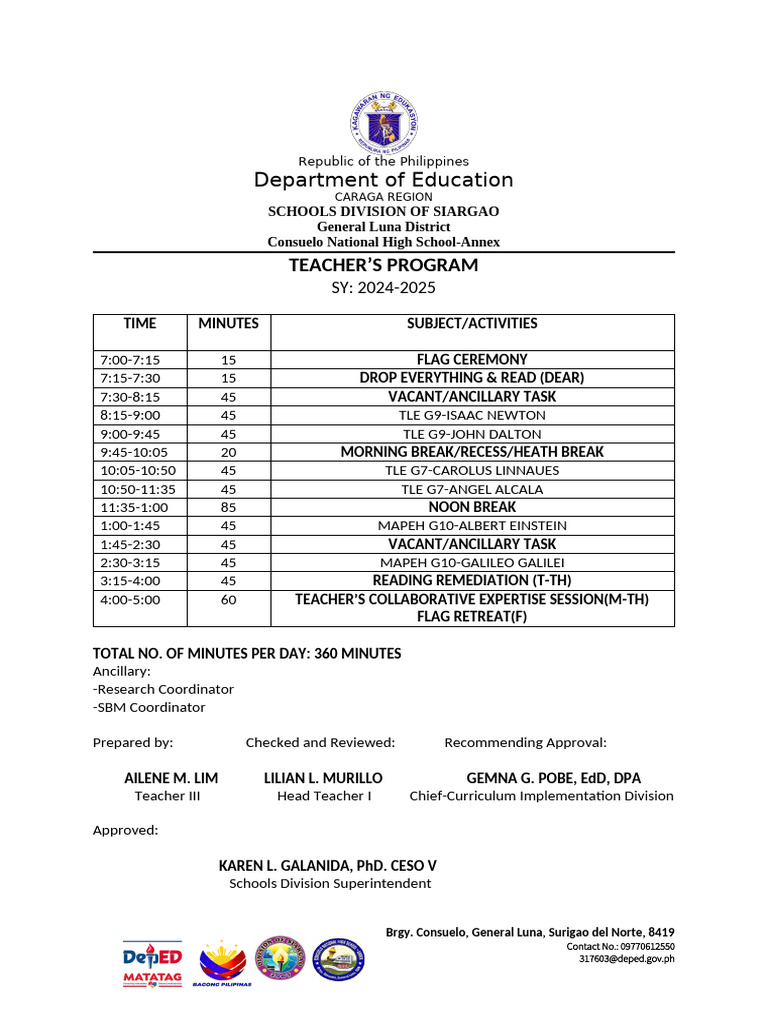 Teacher's Program SY 2024-2025 | PDF