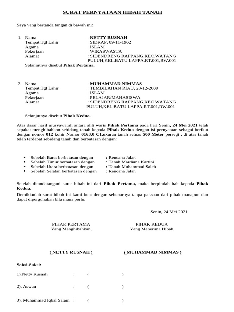 Contoh Format Surat Hibah Tanah | PDF