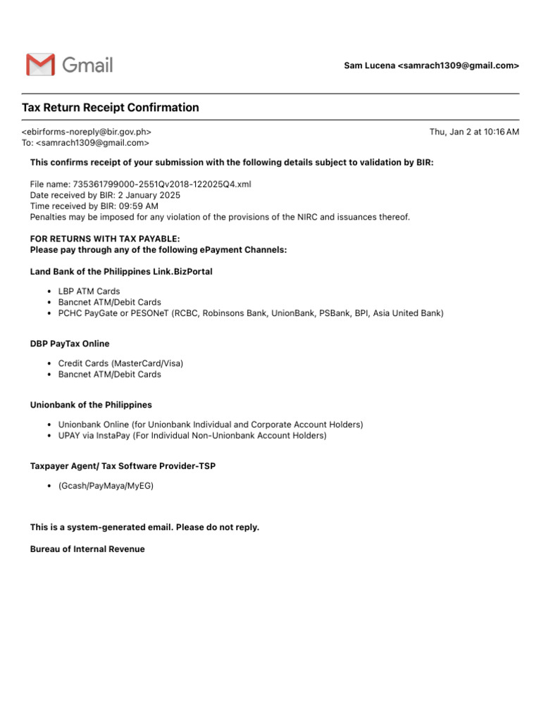 Tax Return Receipt Confirmation | PDF