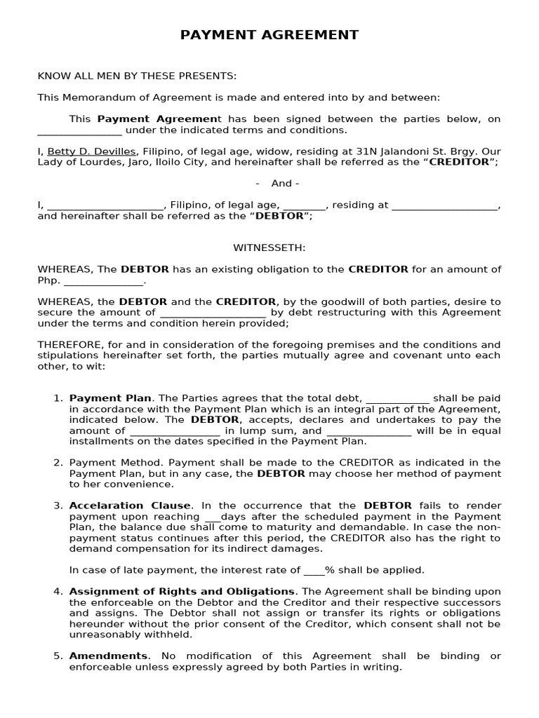 Debt Settlement Agreement | PDF | Debtor | Payments