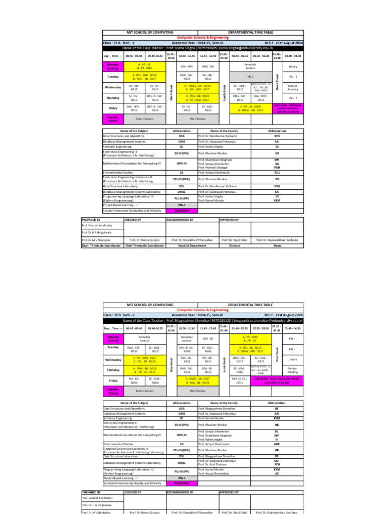V3_SY Class Wise Timetable 2024-25 SEM I.xlsx | PDF | Computing | Software Engineering
