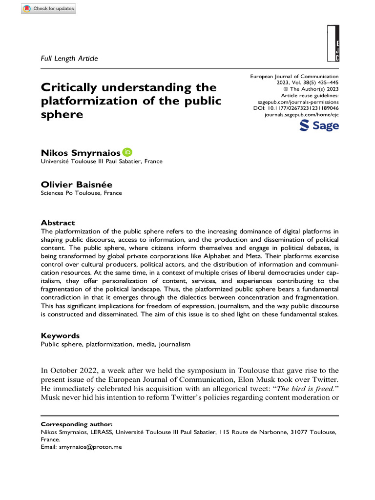 Critically Understanding the platformization of the global public sphere | PDF | Public Sphere ...