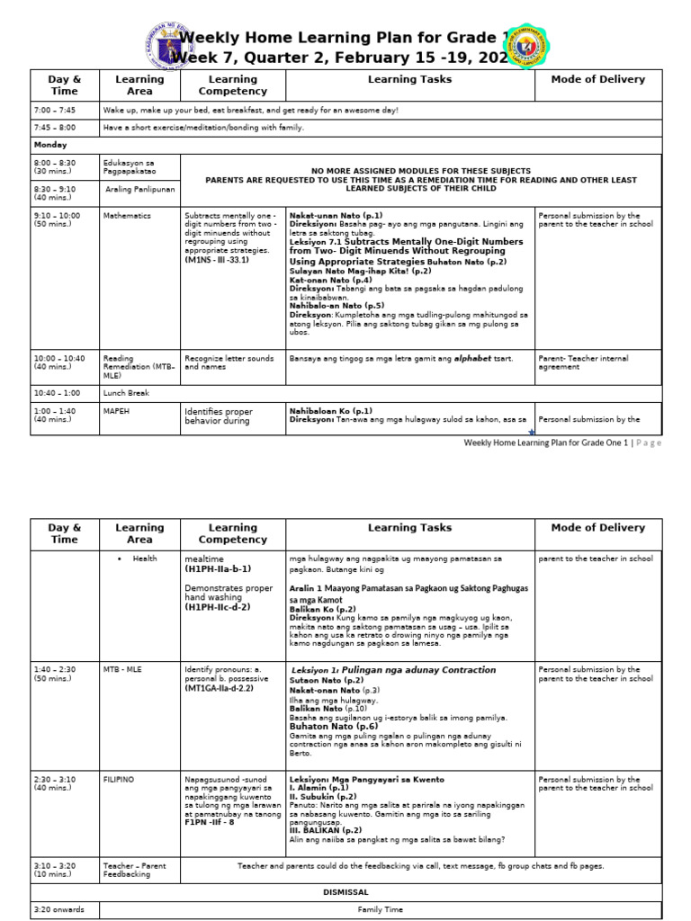 WEEK 7 Q2 GRADE 1 Weekly Home Learning Plan For Modular Distance Learning COMPLETE and UPDATED | PDF