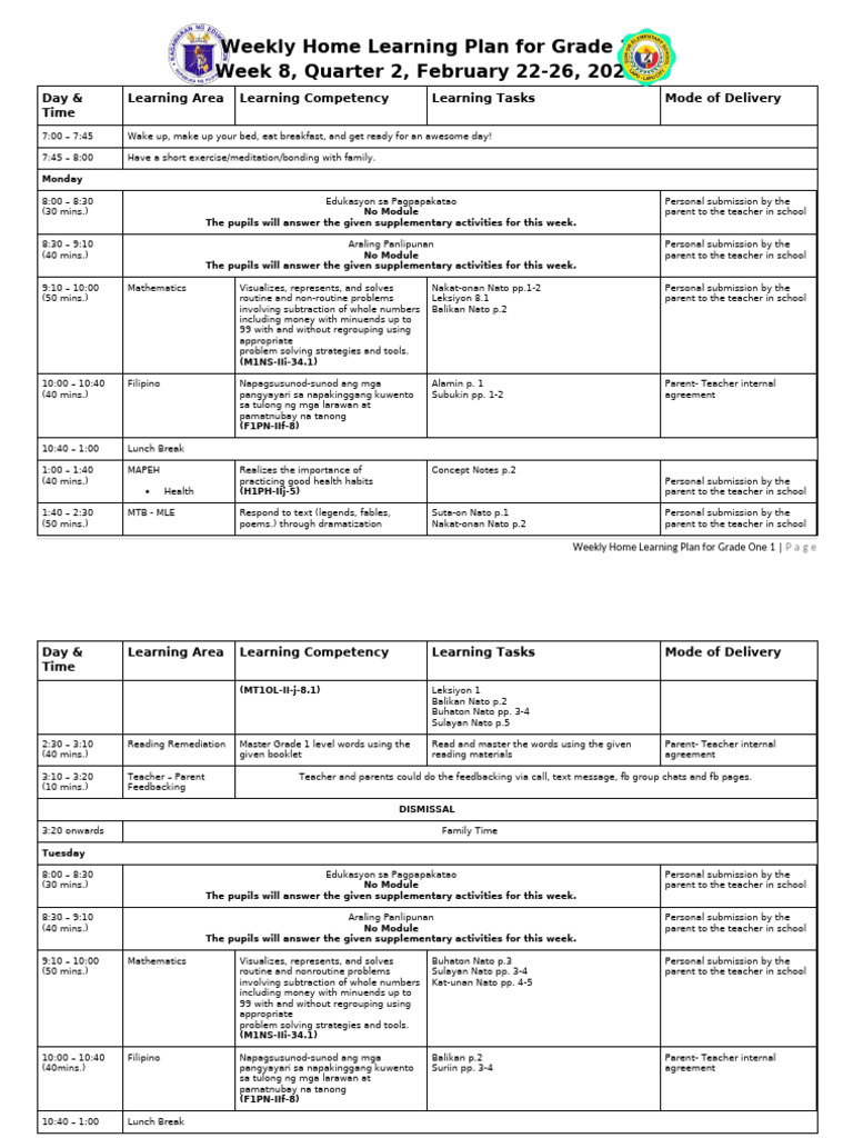 Grade 1 Weekly Learning Plan: Feb 22-26 | PDF | Teachers | Cognition