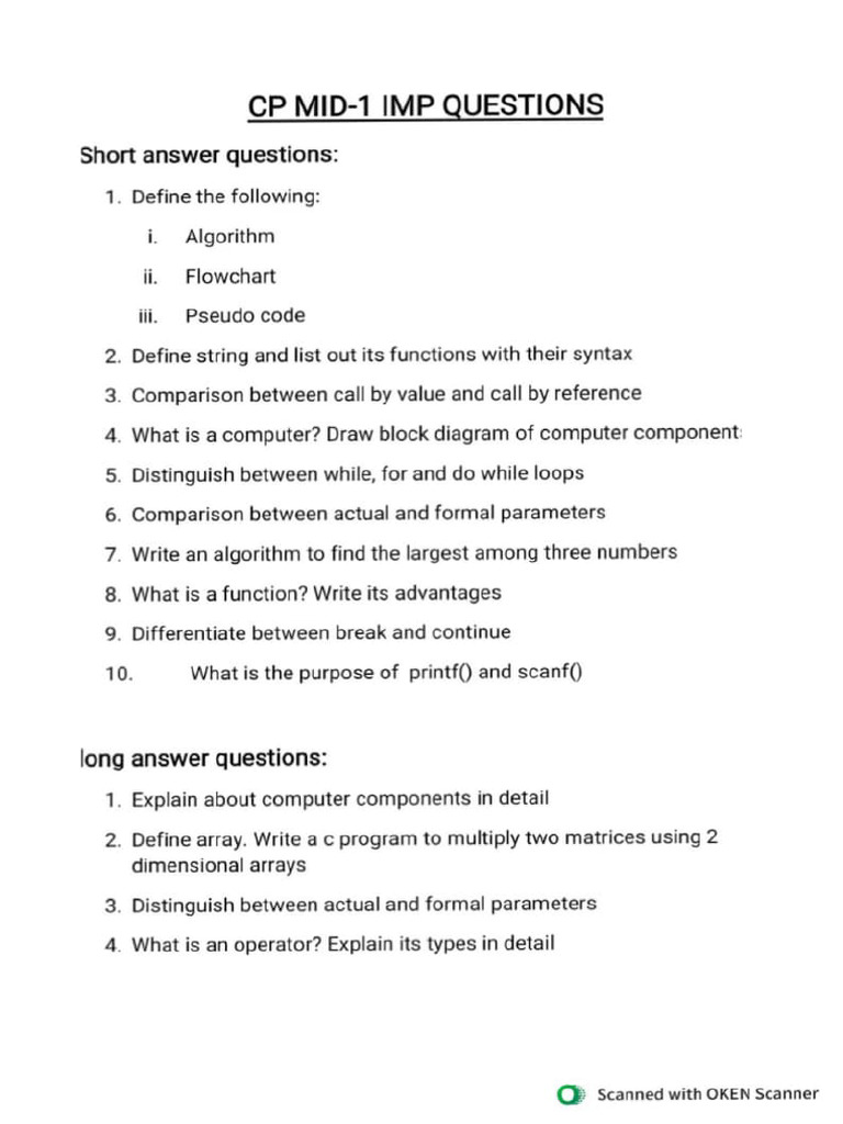 CP CIE-1 IMP QUESTIONS (with answers)-1 (1) | PDF
