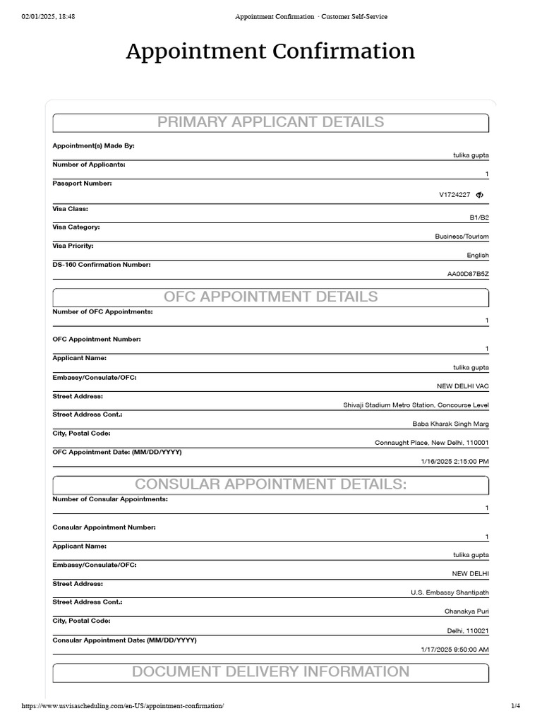 US Visa Appointment Confirmation Details | PDF | Travel Visa | Usb ...