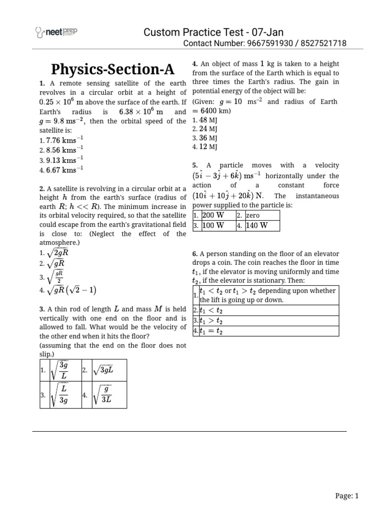 Physics Custom Practice Test | PDF | Force | Acceleration
