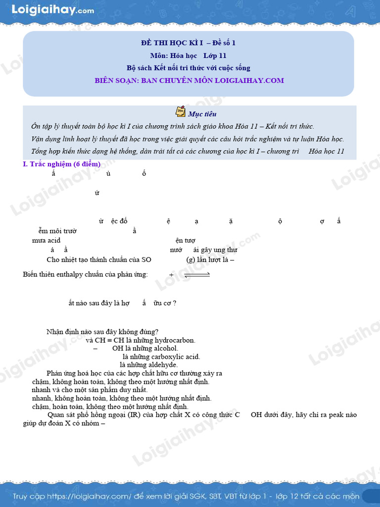 De Thi Hoc Ki 1 Hoa 11 Ket Noi Tri Thuc de So 1 1700191850 | PDF
