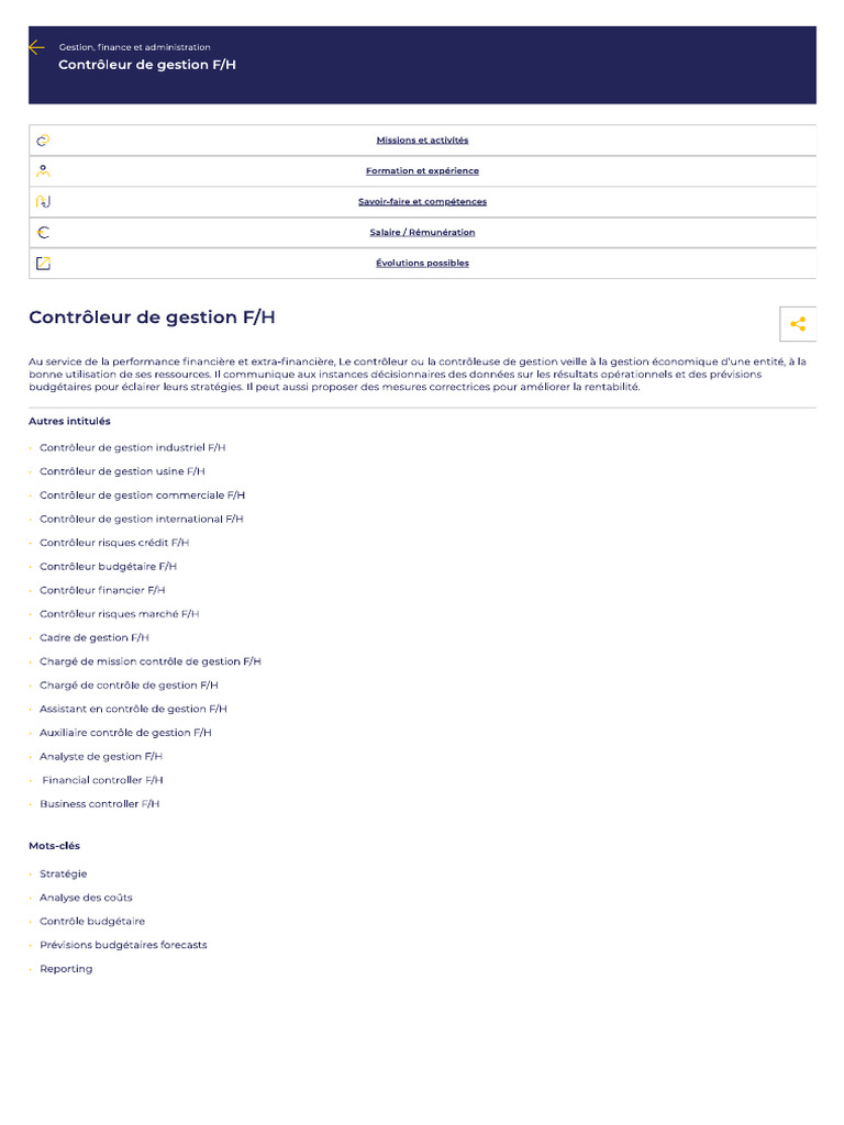 Contrôleur de Gestion - Fiche Métier - Apec | PDF