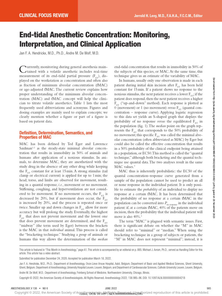 End-tidal Anesthetic Concentration Monitoring, Interpretation, and ...