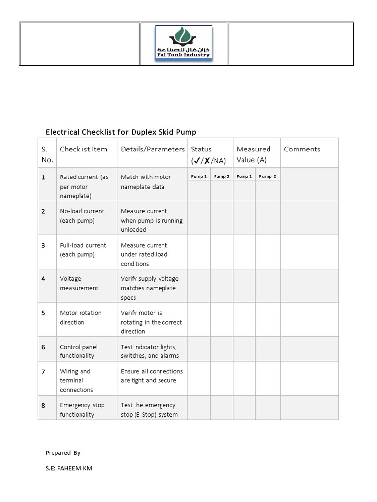 Checklist For Duplex Skid | PDF | Pump | Electricity