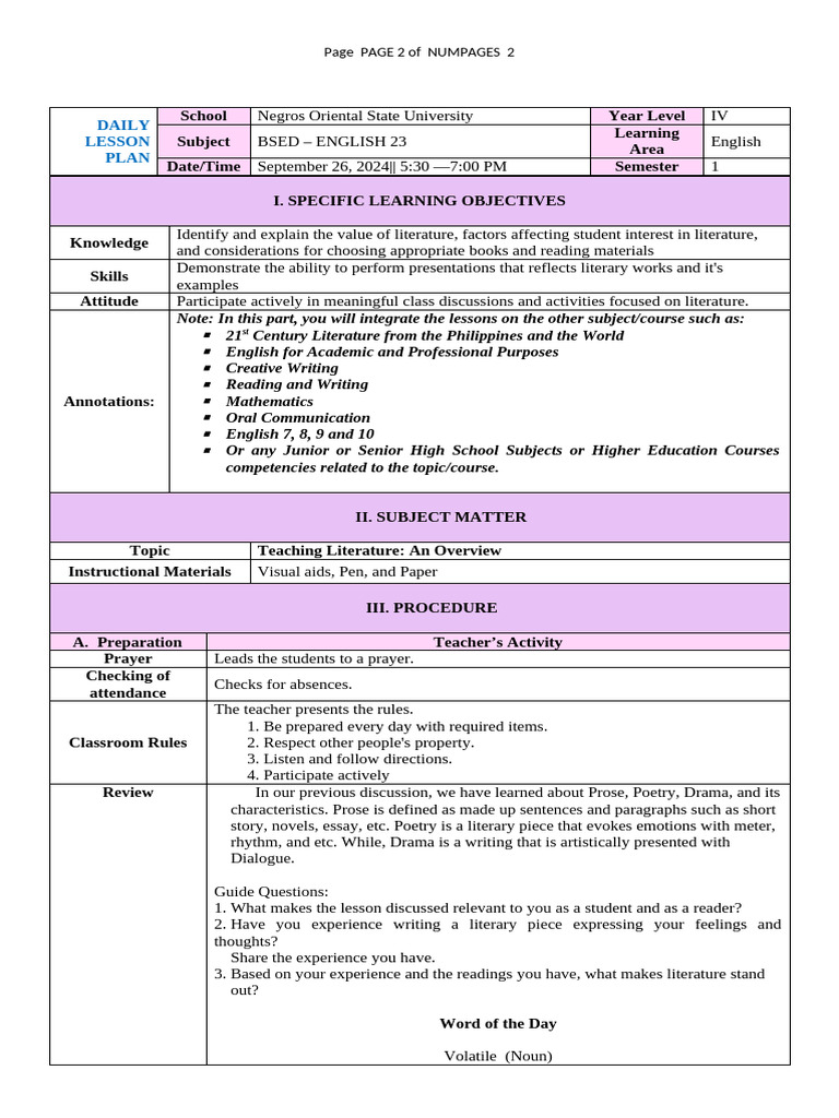 Final Lesson Plan: Teaching Literature | PDF | Poetry | Motivation