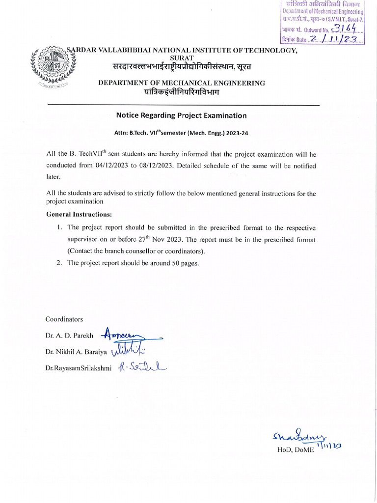 Notice - B.Tech.-VIIth Project Examination | PDF