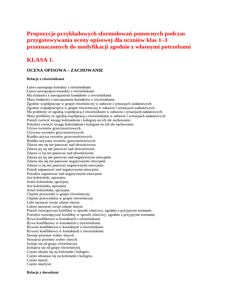 Ocena Opisowa Propozycje Sformulowan Kl. 1 3 | PDF