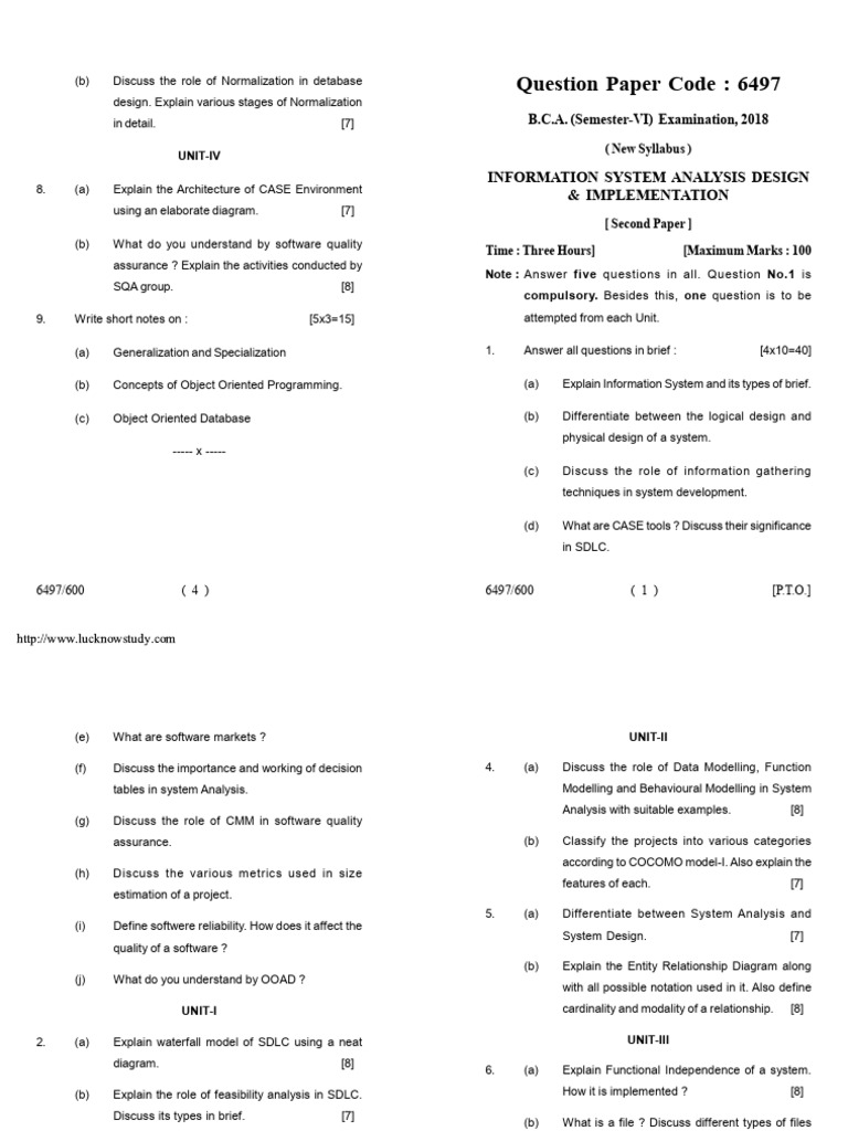 BCA 6th Sem: Info System Analysis Exam | PDF | Databases | System