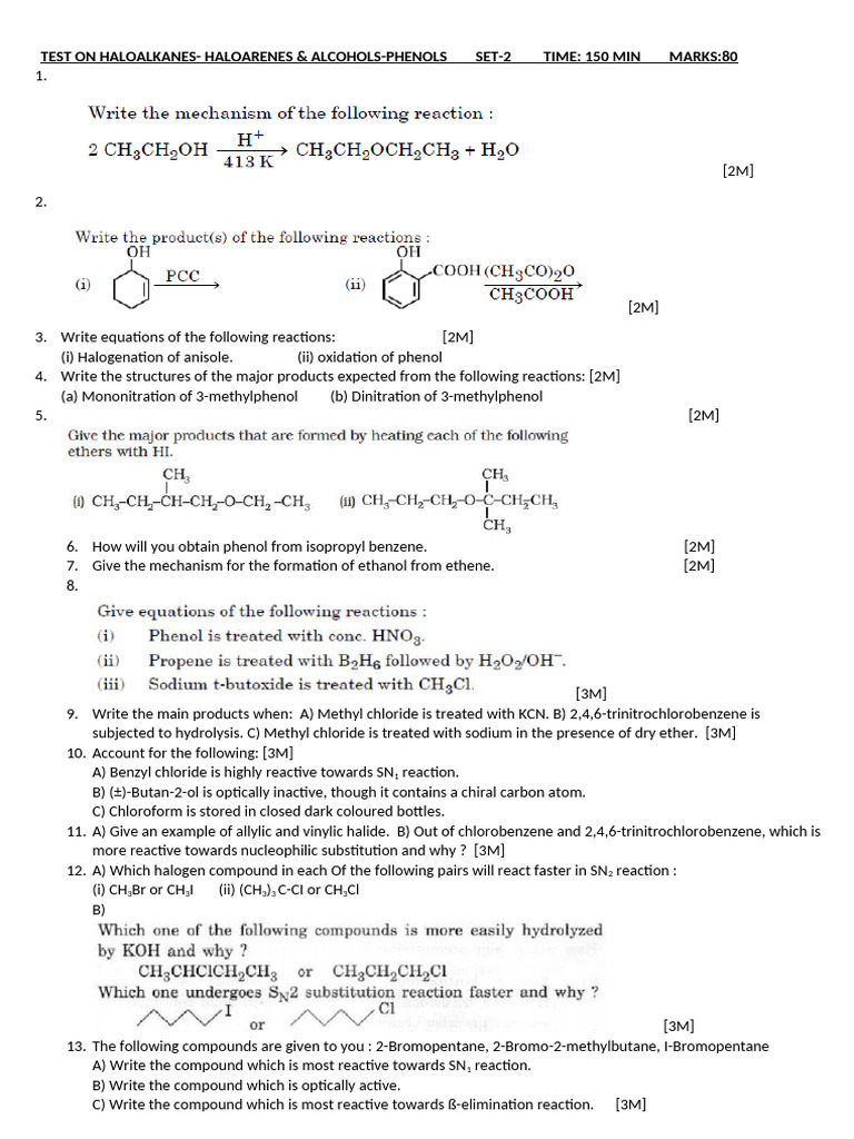 Test On Alcohols and Haloalkanes Set-2 | PDF | Organic Chemistry ...