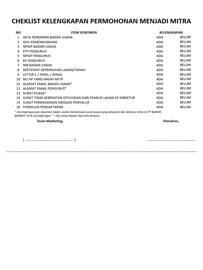 Checklist Permohonan Mitra SPBU Mitrades | PDF