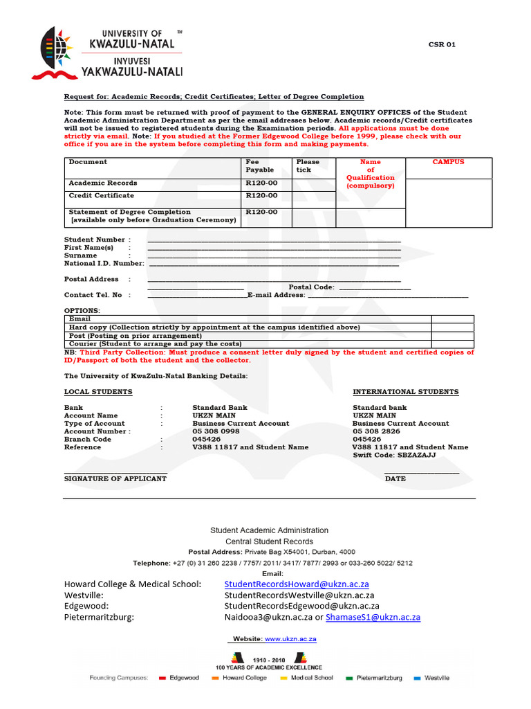 Academic Records Request Form UKZN | PDF | Identity Document