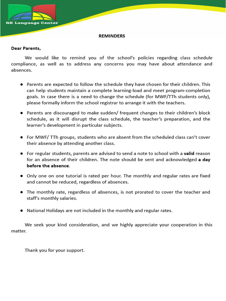 Reminders About Absences | PDF