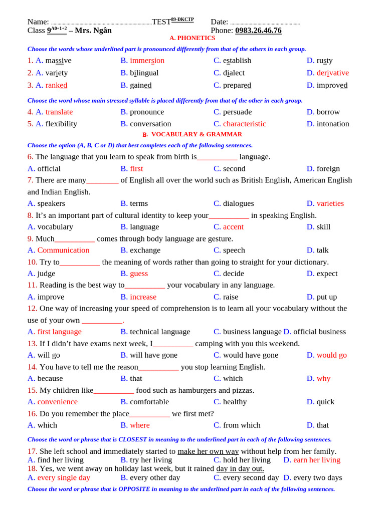 (89ĐK) E9.Unit 9.TN - NQT.2021 (In) | PDF | English Language | Vocabulary